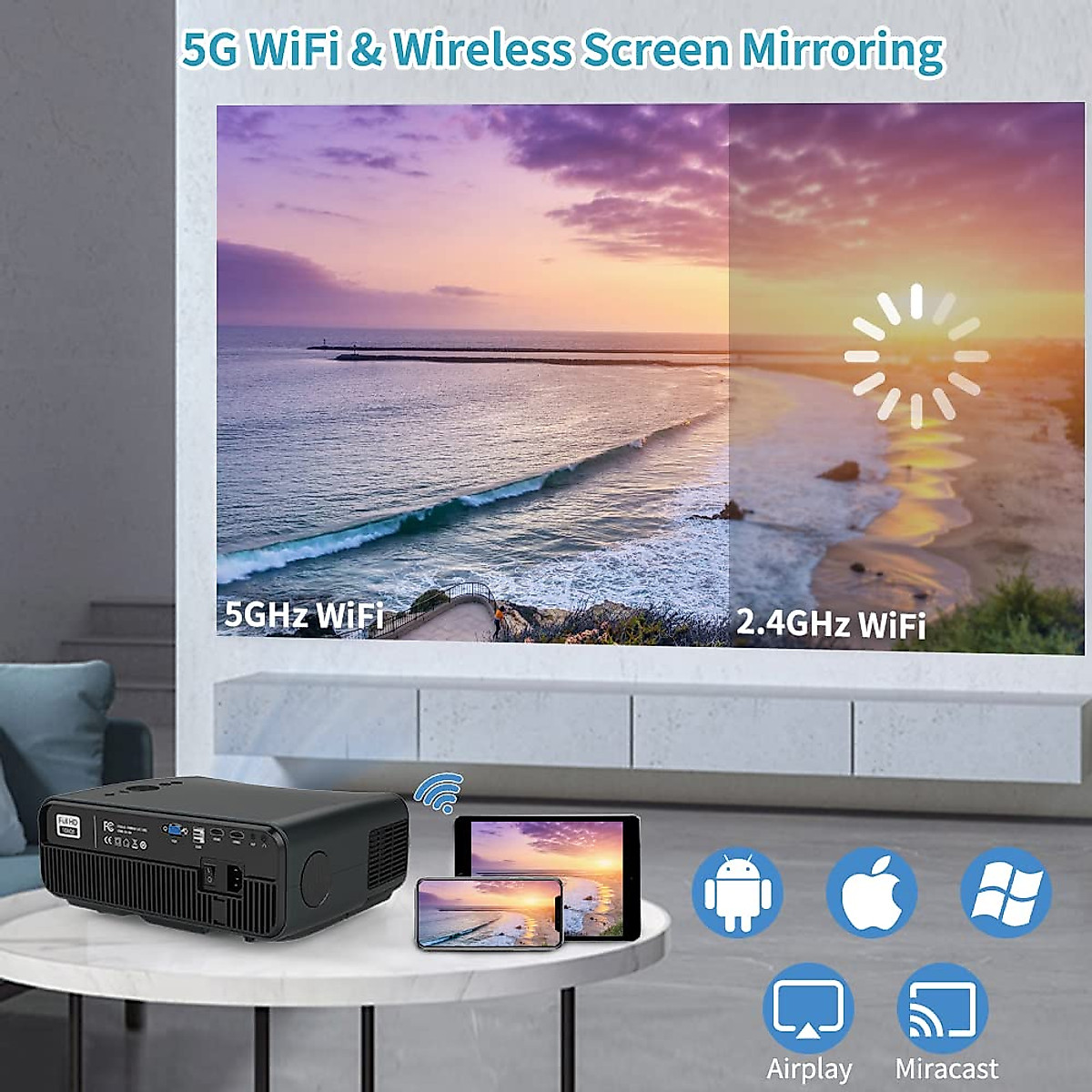 5G WiFi 1080P Projector 4K Supported, Outdoor Movie Projector with Bluetooth Android OS 10000LM 360° Sound 200” Display/4D Keystone/40% Zoom, Compatible with HDMI/USB/VGA/AV/Phone/Laptop/PC/PS5/DVD