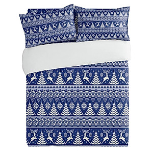 3 Pieces Twin Bedding Duvet Covers Set Winter Geometric Xmas Tree Reindeer Soft Quilt Cover and Pillow Shams, Comforter Cover Sets with Zipper Closure for Bedroom Decor Christmas Ethnic Red Blue