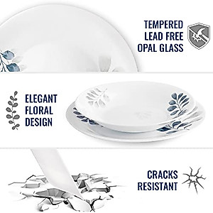 Bormioli Rocco White Moon Botanica Blue, Set Of 6, 10.75" Dinner Plates, Tempered Opal Glass Dishes, Dishwasher & Microwave Safe, Made In Spain.