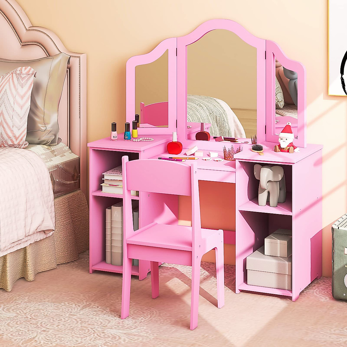 MAT EXPERT Kids Vanity, 2 in 1 Princess Little Girls Vanity with Tri-Folding Mirror, 4 Open Storage Shelves, Wooden Makeup Toddler Vanity Dressing Table, Pretend Play Vanity Set for Girls (Pink)