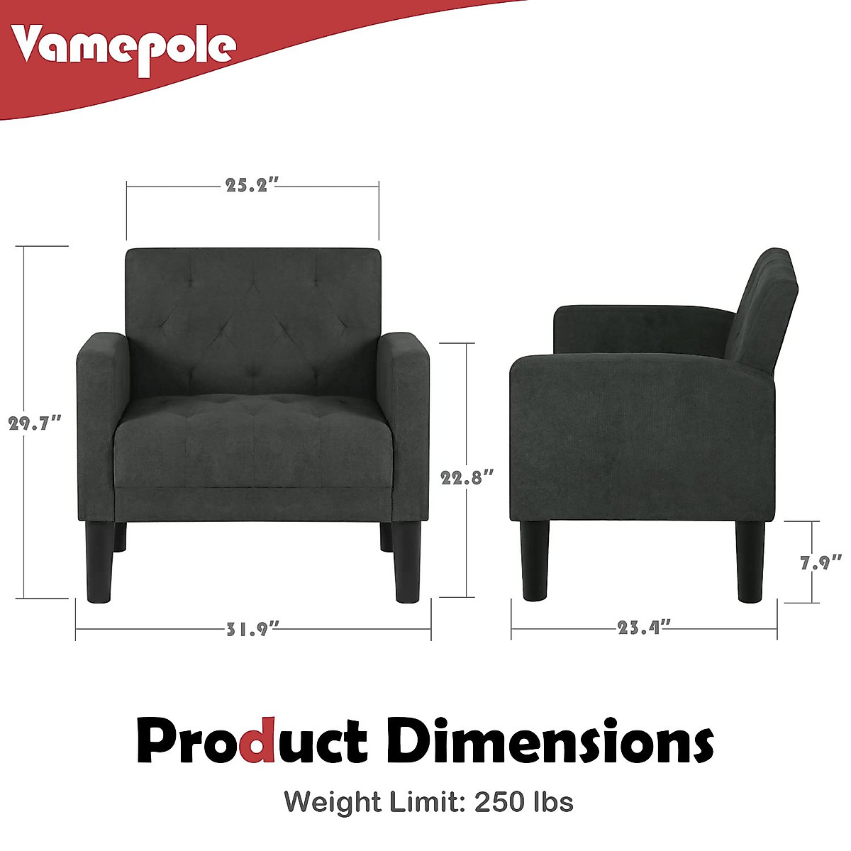 VAMEPOLE Modern Accent Chairs Set of 2, Comfy Living Room Chair, Cozy Tufted Mid Century Modern Accent Chair, Upholstered Reading Arm Chair for Living Room, Bedroom Sofa Chair(Dark Grey, Set of 2)