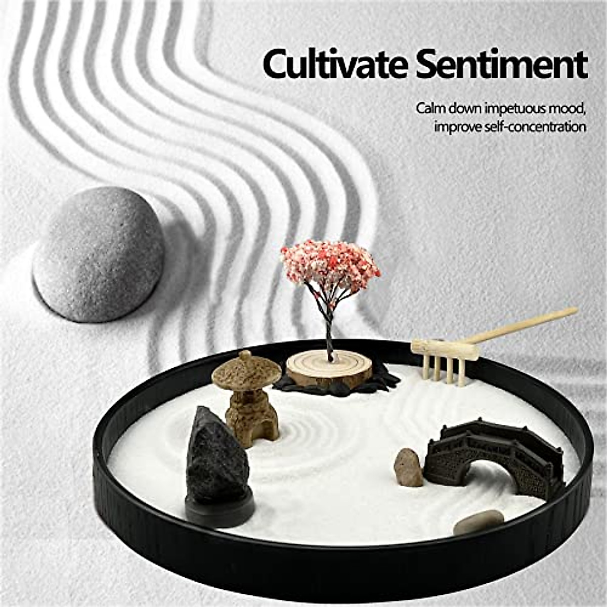 Zen Garden for Desk Japanese Zen Garden Kit 8 Inch Large Round with 6 Sand Rake and Accessories Tray Mini Desktop Zen Decor for Home Office Gift Therapy Relaxation Meditation
