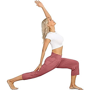 UEU Women's Elastic High Waist Capri Plus Casual Summer Loose Fit Wide Leg Yoga Pants Maternity Lounge Capris Sweatpants Pockets(DustyRose,2XL)