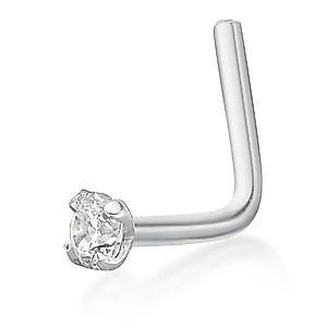 Lavari Jewelers 22 Gauge L-Shape Nose Ring for Women I 2 mm Cubic Zirconia Nose Ring for Her I 14k White Gold Nose Ring I CZ Unisex Stud Hypoallergenic Nostril Piercing Jewelry I 22G Body Piercing