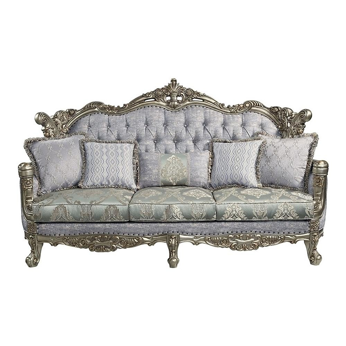 Acme Furniture Miliani Tufted Fabric & Wood Sofa with 5 Pillows in Gray/Bronze