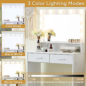 MIRROTOWEL Vanity Desk with Mirror and Lights, Dressing Table with Large Drawer, 2 Level Storage Dresser & 3 Lighting Modes Adjustable Brightness, Suitable for Bedroom