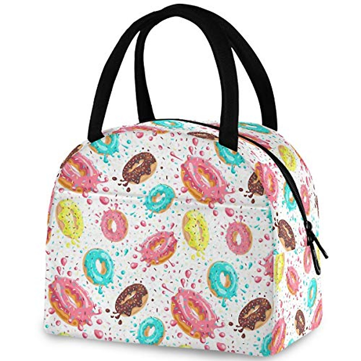 ZzWwR Cute Colorful Splashed Donuts Reusable Lunch Tote Bag with Front Pocket Zipper Closure Insulated Cooler Container Bag for Man Women Work Picnic Travel Beach Fishing
