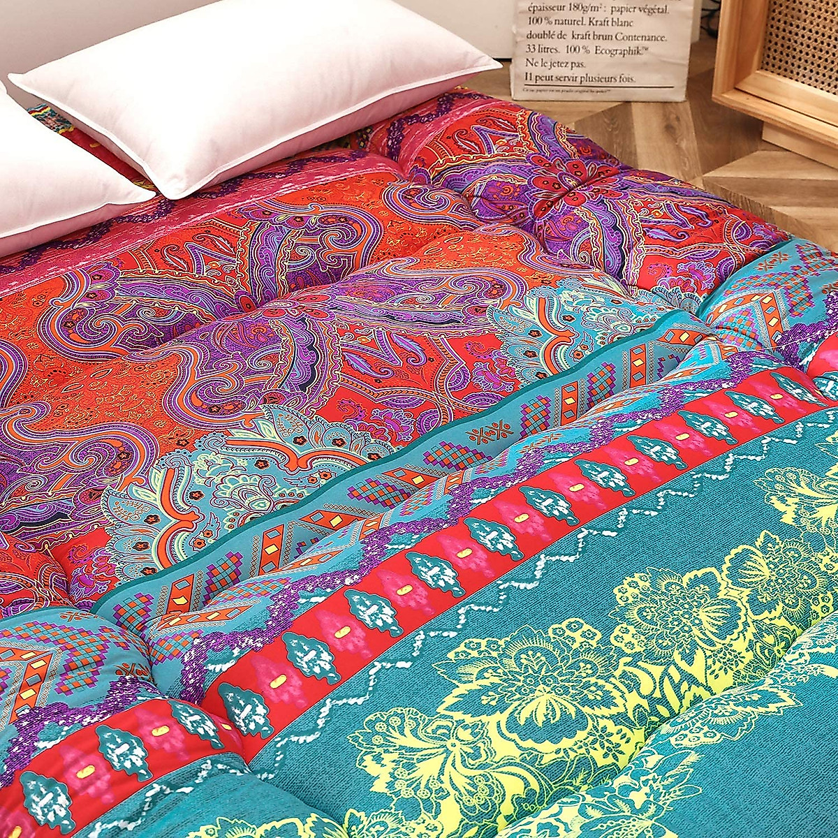 MAXYOYO Bohemian Futon Floor Mattress Boho Floral Style Japanese Tatami Mat Foldable Bed Portable Camping Sleeping Pad Lounger Couch Bed, Queen