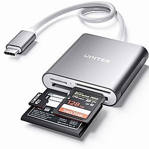 Unitek USB C SD Card Reader, Aluminum 3-Slot USB 3.0 Type-C Flash Memory Card Reader for USB C Device, Supports SanDisk Compact Flash Memory Card and Lexar Professional CompactFlash Card - Grey