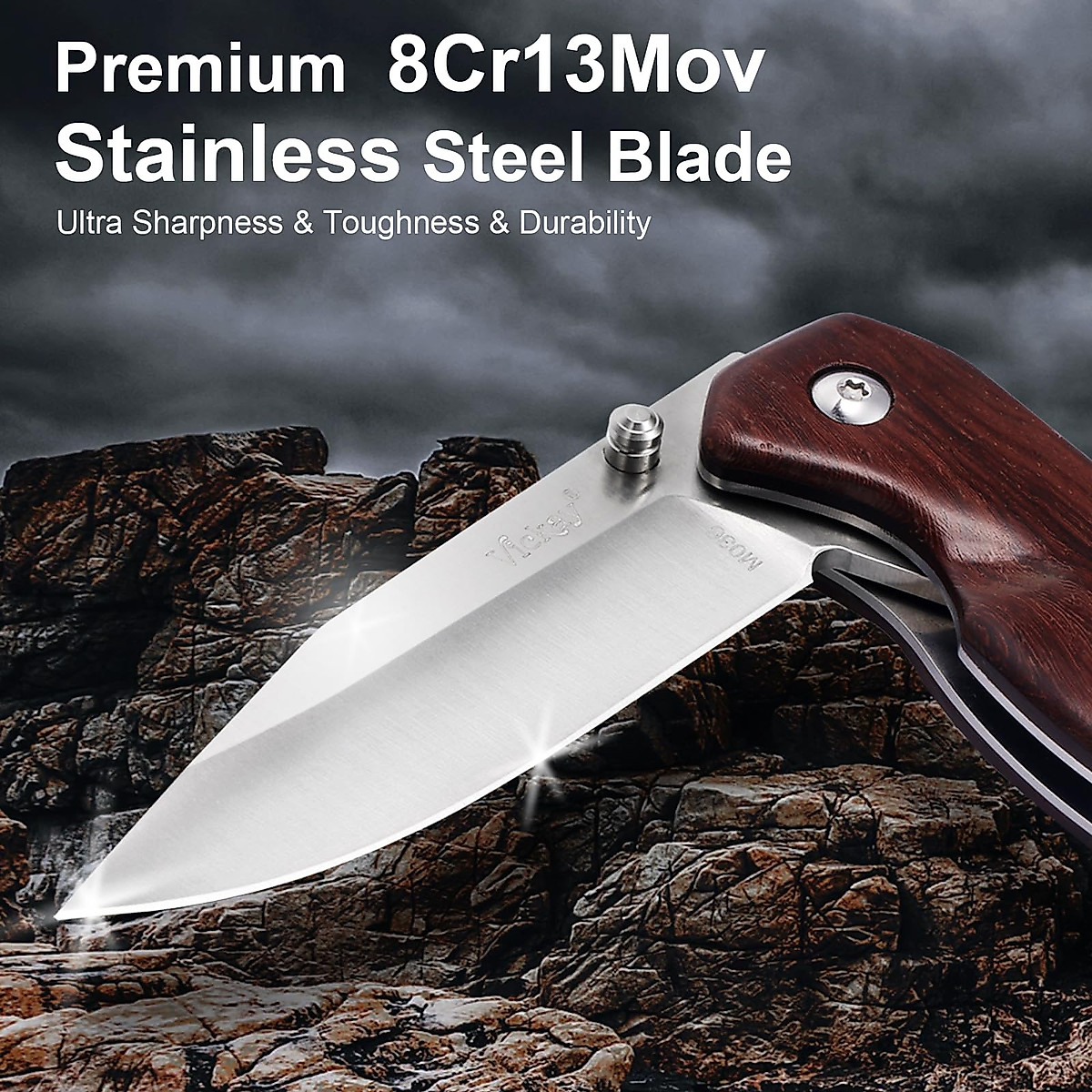 Wood Handle Pocket Knife, 2.9in 8Cr13MoV Stainless Steel Blade, EDC Knife with Belt Clip for Hunting, Camping, Hiking, and Everyday Carry, 6.5in