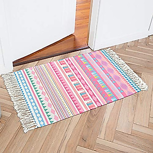 Lacomfy 2PC Cotton Area Rug Sets Pink Boho Printed Tassels Door Mat 2'x3'+2'x4.3' Hand Woven Outdoor Runner Rugs Washable Braided Rug for Kitchen Entryway Bathroom Laundry Room