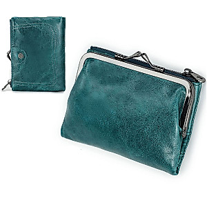 Contacts Womens Kiss Lock Wallet Leather Small Zipper Coin Pocket for Women Blue Bifold Rfid Clasp Purse Card Holder with Photo Window