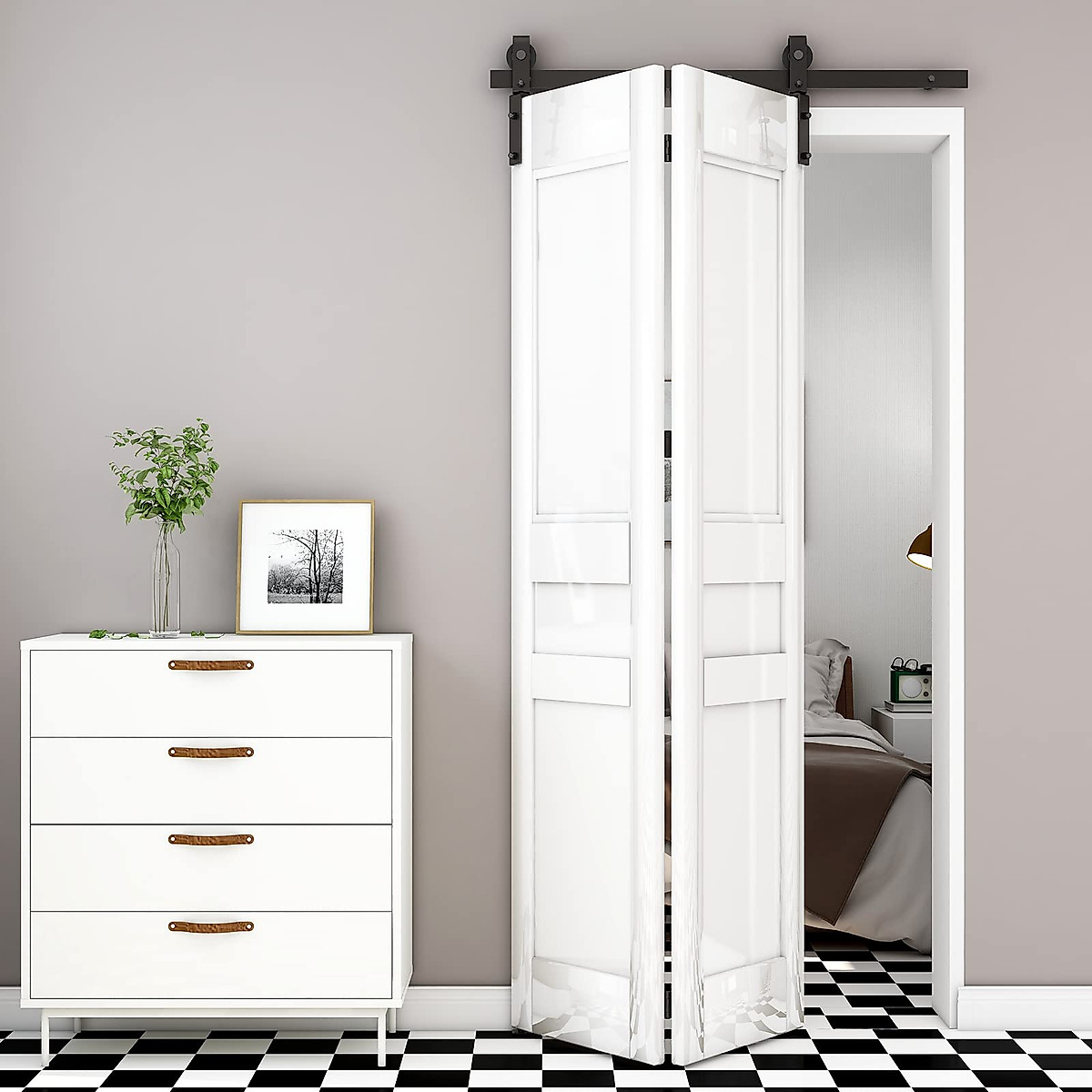 BONIKLUBA 40" Bi-Folding Sliding Barn Door Hardware Track Kit,Smoothly&Quietly,Side Mounted Black Roller,Easy Install,Door Not Included [Fit Double 18" Bifold Doors]