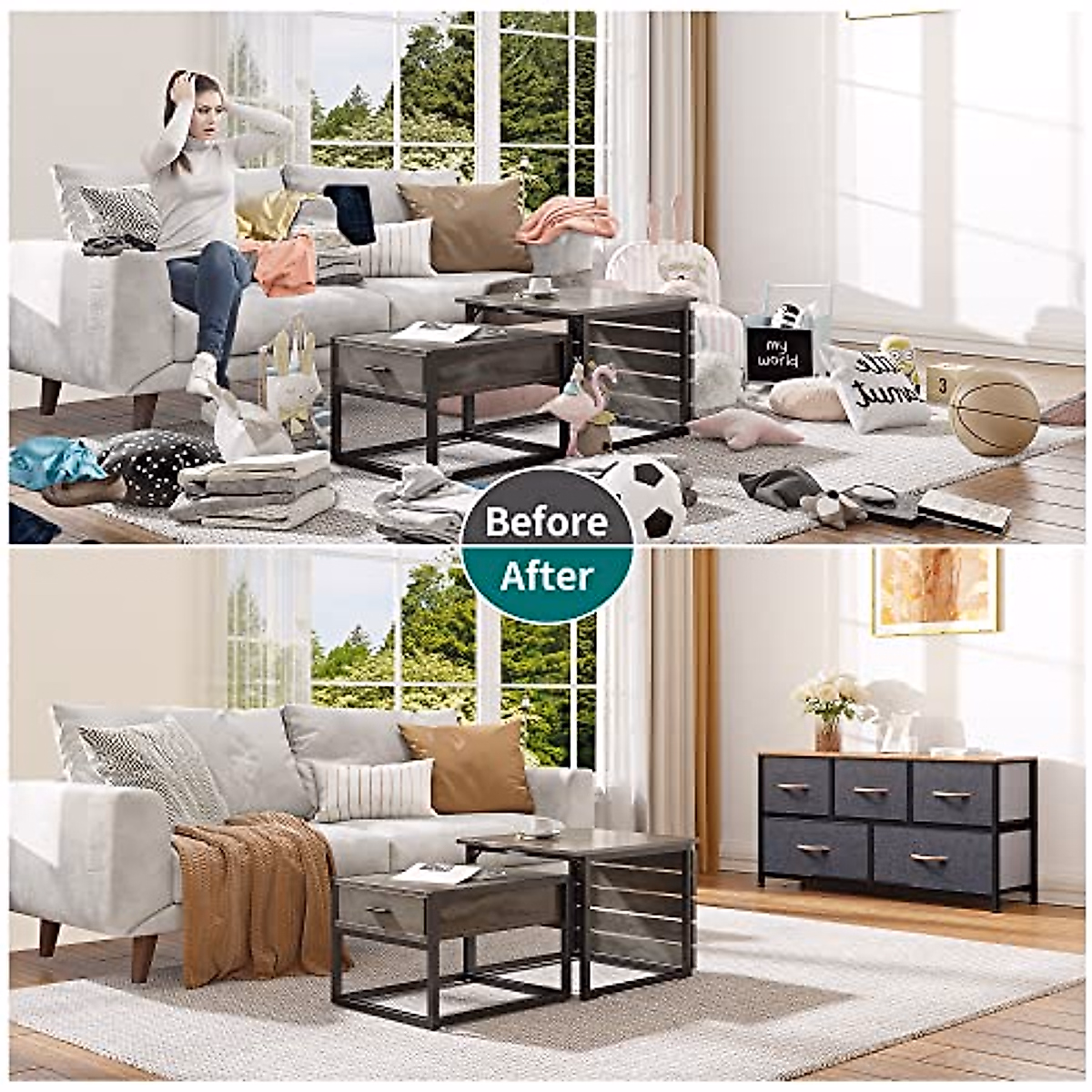 DWVO Dresser TV Stand, Fabric Dresser with 5 Drawers, Dresser for Bedroom, Wide Dresser, Storage Tower, Chest of Drawers for Closet, Living Room, Hallway, Nursery, Dull Grey