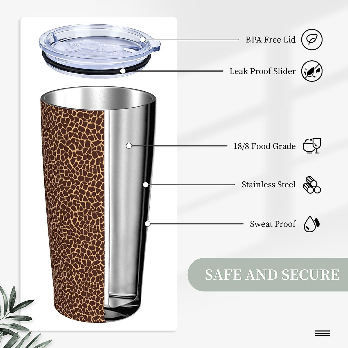 20oz Tumbler Classic Giraffe Print Double Wall Vacuum Insulated Coffee Mug with Lid and Metal Straw Brush Reusable Stainless Steel Water Bottle Travel Cup Gifts for Car Ice Drinks Hot Beverage