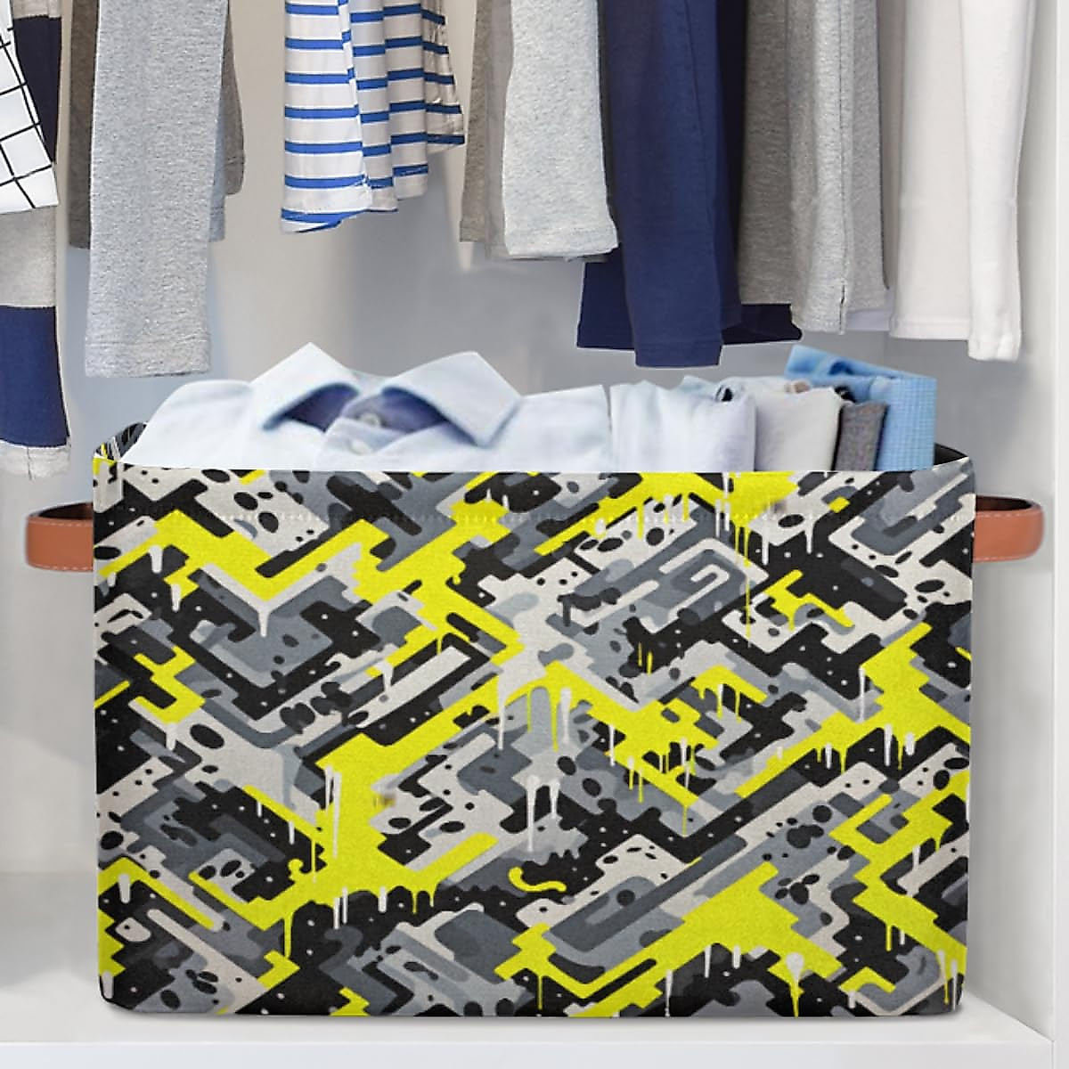 GzLeyigou Yellow Camo Skin Large Collapsible Storage Bins ,Decor Decorative Canvas Fabric Storage Boxes Organizer with Handles,Rectangular Baskets Bin for Home Shelves Closet Nursery Gifts