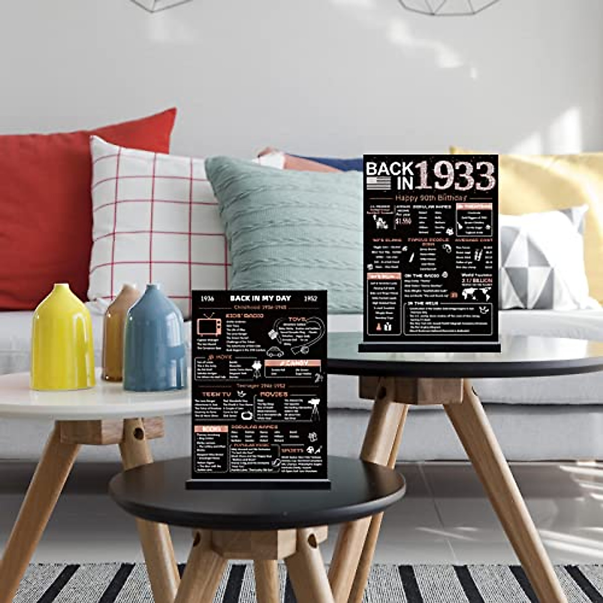 Crenics Rose Gold 90th Birthday Decorations for Women, 2 Pieces Back in 1933 Birthday Poster with Stand, 1933 90th Birthday Gifts Table Centerpieces Party Supplies