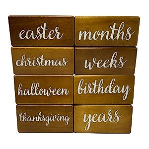 Pondering Pine Baby Milestone Blocks - Natural Brown Stain Pine Wood with Weeks Months Years Grade and Holidays, Newborn Weekly Monthly First Year Picture Props, 6 Block Milestones Age Set with Bag