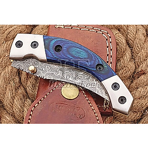 HUNTEX Handmade Hand-Forged Rain Drop Pattern Damascus Steel 4 Inch Long Pakka Wood Handle Razor Sharp Hunting Camping Trailing Pocket Knife w/Pocket Clip & Genuine Leather Pouch