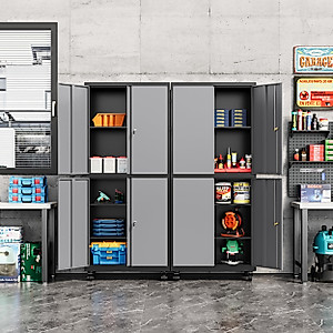 Fesbos Metal Storage Cabinet-Heavy Duty Tool Cabinet Multifunctional Garage Storage Cabinet with Adjustable Shelves&Lockable Doors, Pegboard and Accessories-Black&Gray