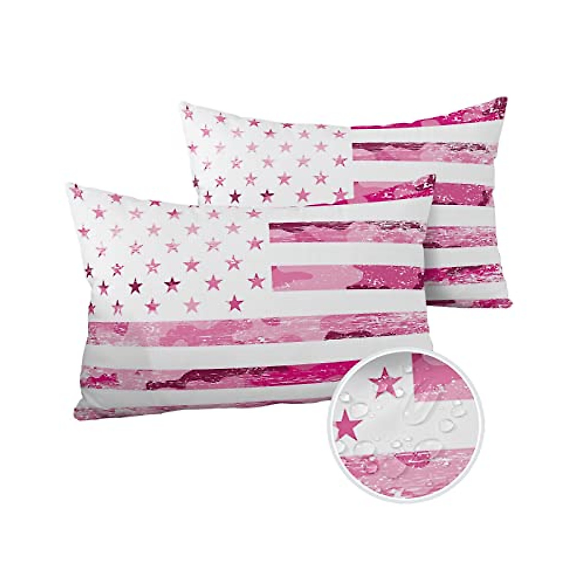 Funnywall88 Waterproof Throw Pillow Covers Set of 2 Independence Day Pink Camo American Flag Patriotic Couch Pillow Cases Outdoor Sofa Cushion Cover Home Decor for Bed Living Room, 20" x 12"