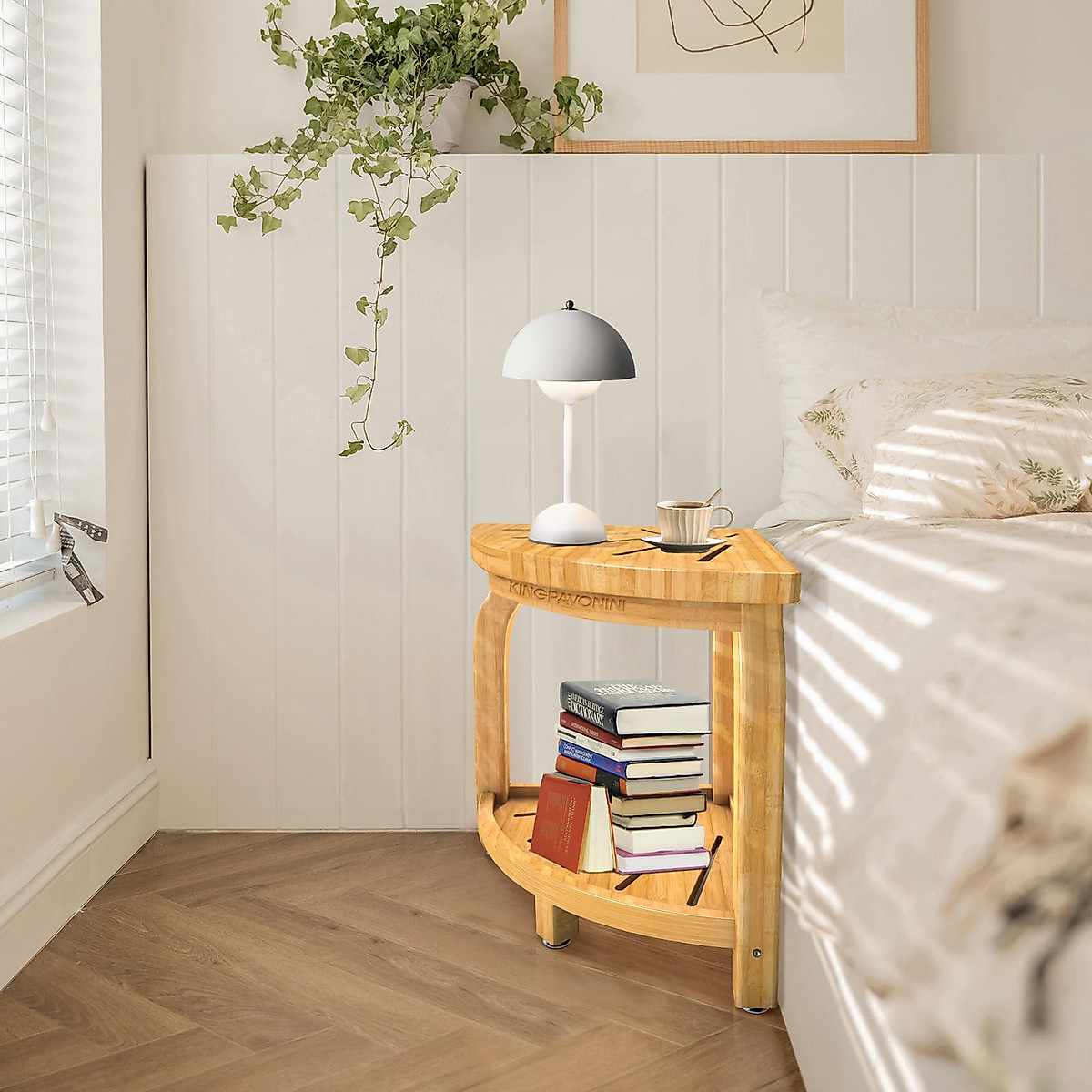 KingPavonini Bamboo Corner Shower Stool for Shaving Legs Foot Rest, Waterproof Bath Bench Seat with Storage Shelf for Bathroom Inside Shower, Hold Up to 450Lbs(Bamboo)