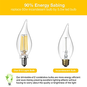 DAYBETTER Candelabra LED Light Bulbs, Chandelier Light Bulbs, LED Candelabra Bulbs 60 Watt Equivalent Dimmable E12 LED Bulb 2700K Warm White,5.5W 600LM Flame Tip Vintage CA11 Candle Light Bulbs 5 Pack