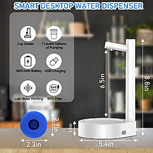 BABORUI Desktop Water Dispenser, 7 Quantitative Levels Electric Bedside Water Dispenser for 5 Gallon Bottle & Universal Bottle, Automatic Off Water Jug Dispenser with Jug Cap for Home, Office, Outdoor