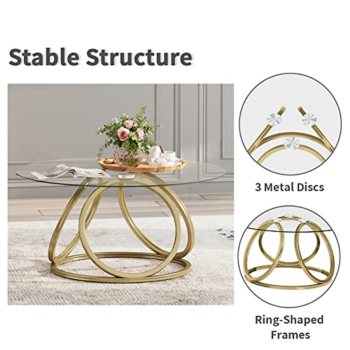 O&K FURNITURE Gold Coffee Table, Modern Round Glass Coffee Table for Living Room with Ring-Shaped Frames, Gold Glass Table for Home&Office,Gold Finish, 1PC