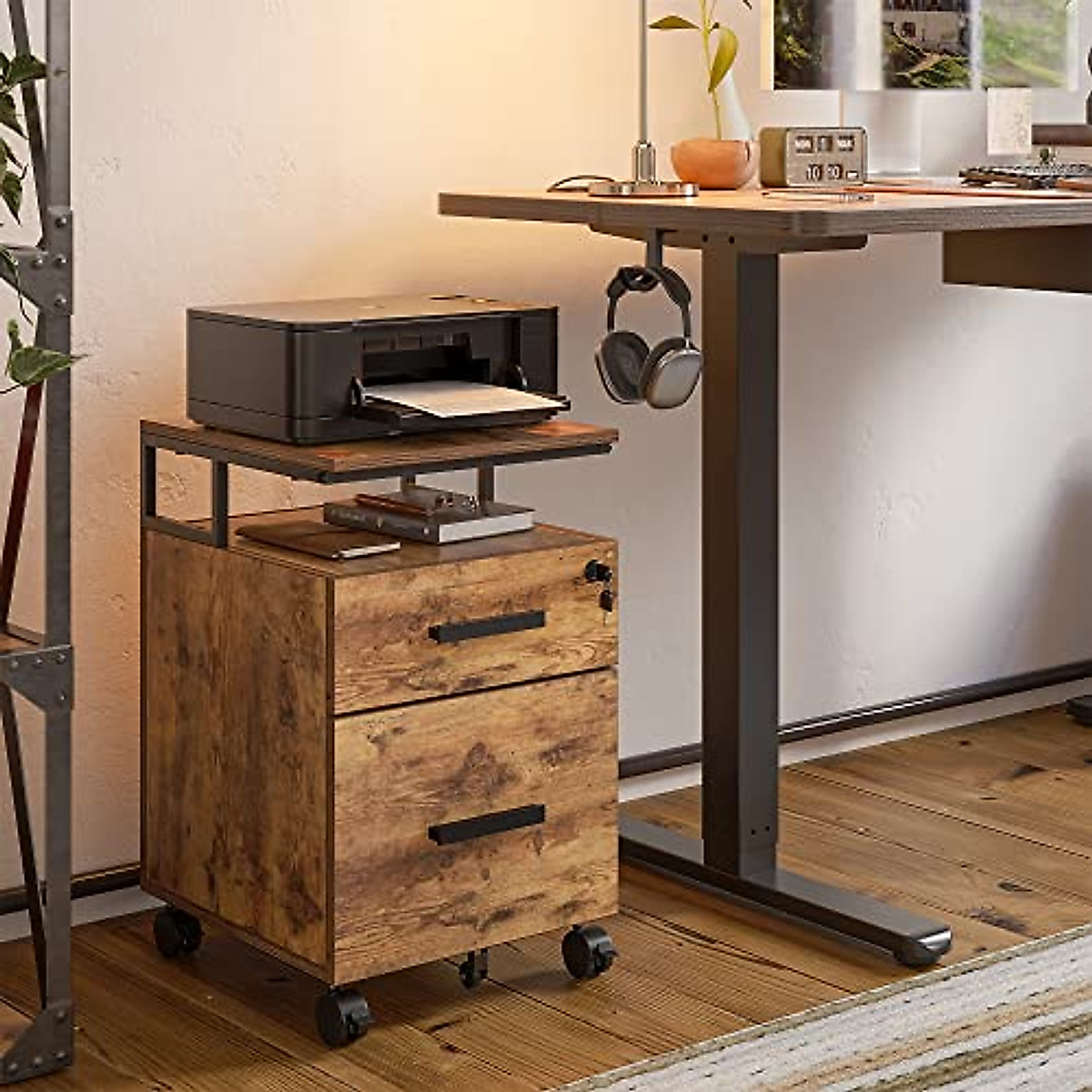 FEZIBO 2-Drawer File Cabinet with Lock for Home Office, Rolling Filing Cabinet, Under Desk Home Office File Cabinet for A4, Letter Size, Printer Stand, Wooden Storage Mobile File Cabinet, Rustic Brown