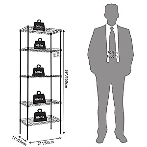 Karl home 5 Tier Wire Shelving Unit Height Adjustable Storage Metal Shelf, Heavy Duty Garage Rack for Office, Kitchen, Laundry (21.3" L x 11.4" W x 59.1" H, Black)
