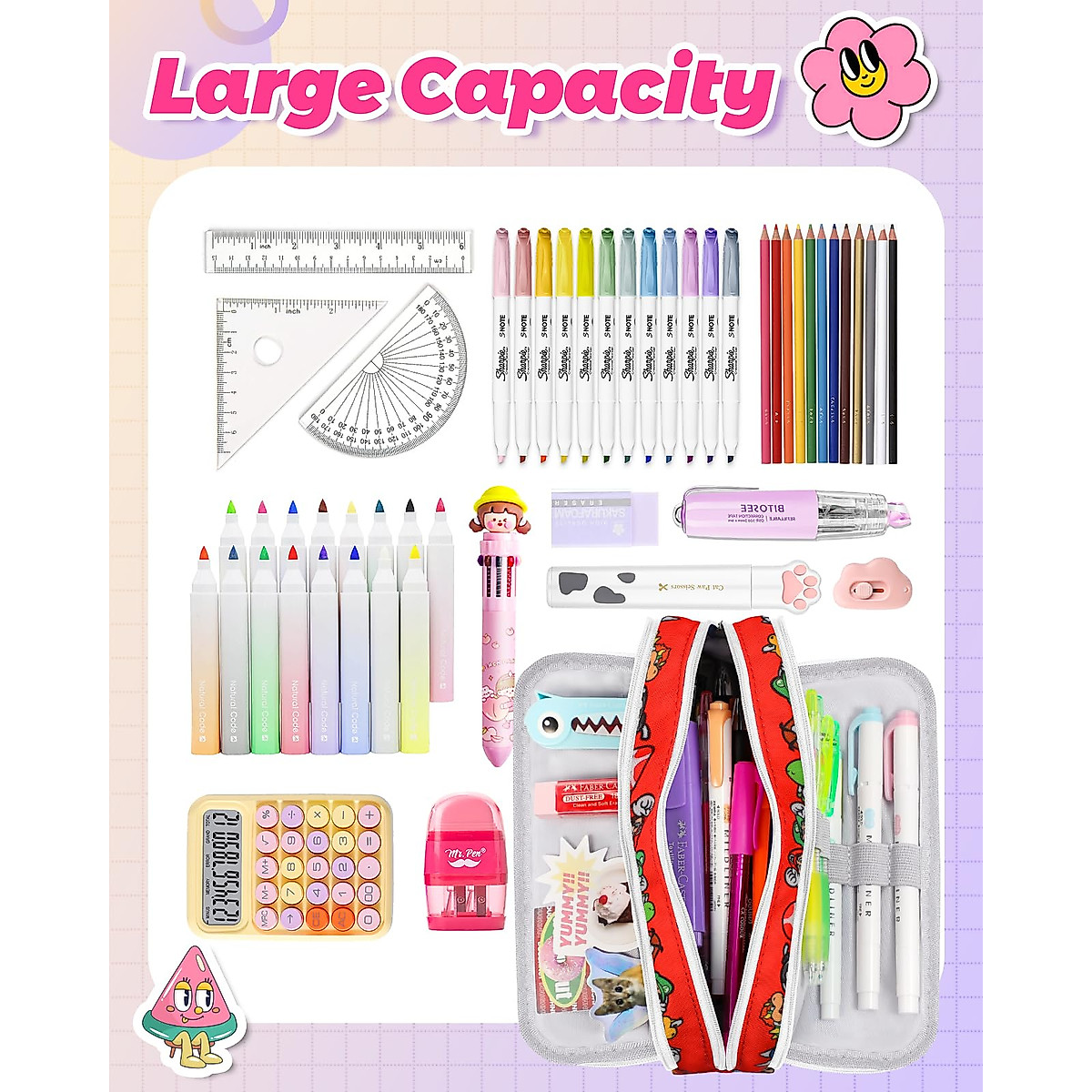 Trendy Fun for Large Pencil Case Big Capacity 3 Compartments Pencil Pouch Cute Cartoon Design Aesthetic Pen Bag with Zipper for Girls Teens Estuche para Lapices Sticker +Pen+ ID Badge Holder+Lanyard