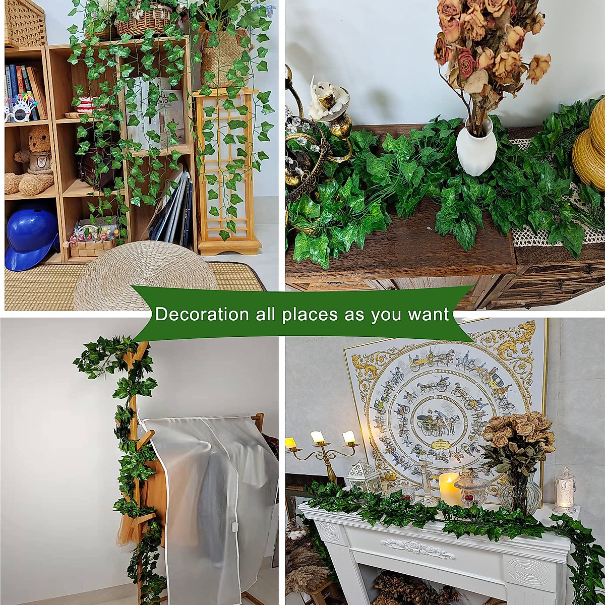 OHEMDI 12 Pack 84 feet Artificial Ivy Greenery Garland, Fake Vines Pants with Fake Leaves, Vines for Bedroom Wedding Home Kitchen Garden Party Room Decor (Green)