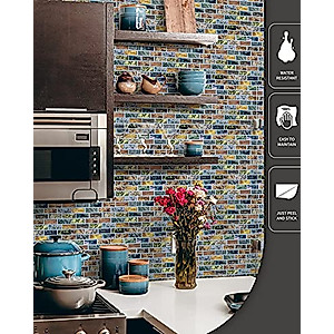 Art3d 10-Piece Peel & Stick Kitchen/Bathroom Backsplash Tiles, 12" X 12" Colorful Marble Tile Design