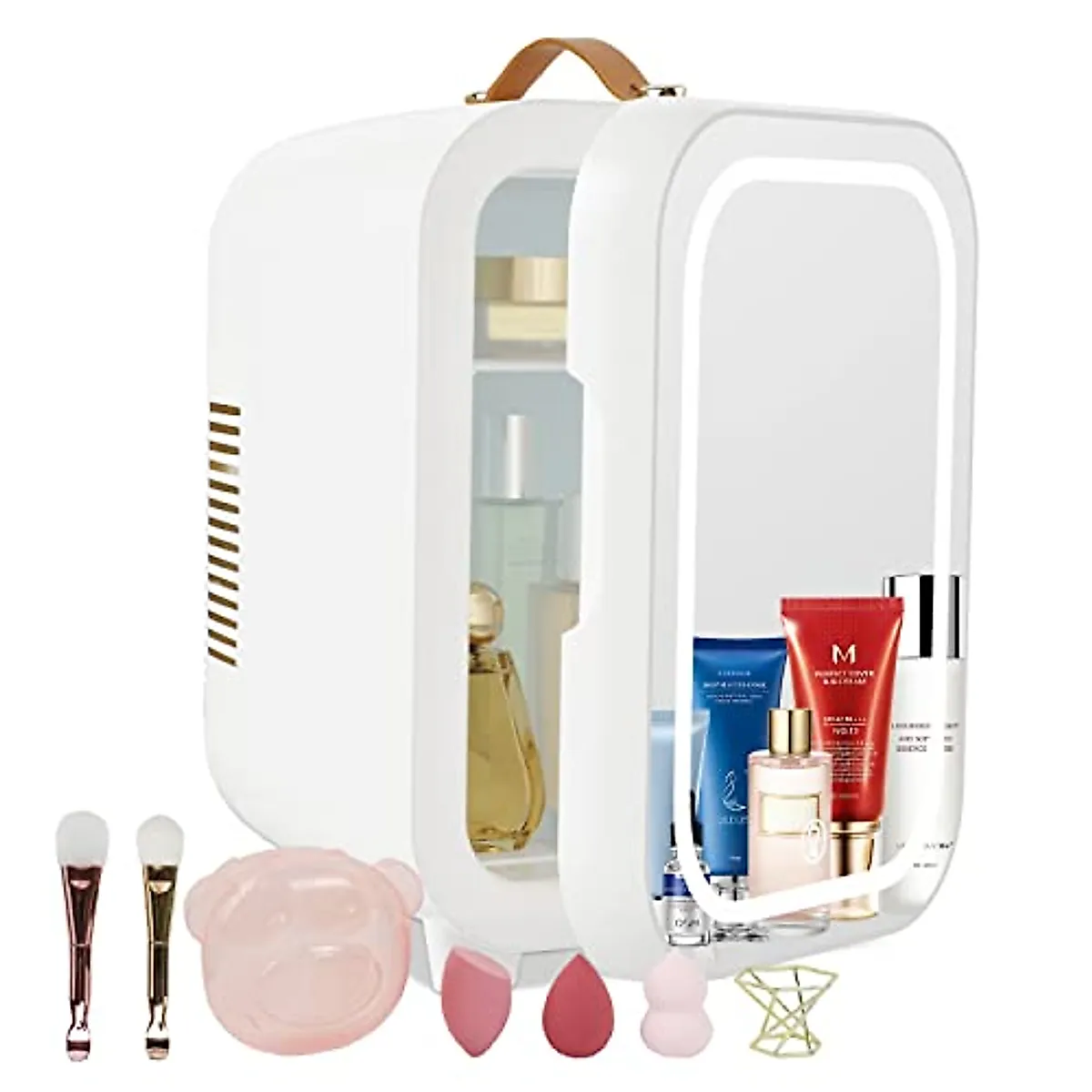 Cegsin Mini Fridge, 6 Liter/8 Cans Small Skincare Fridge with LED Mirror Door, AC/DC Portable Mini Refrigerator for Cosmetic & Makeup, Plug In Cooler and Warmer for Bedroom, Dorm, Office, Car(Beige)