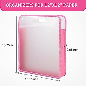 Caydo Scrapbook Paper Storage Organizer, Pink Expanding Paper Folio for 12 x 12 Sheets, Scrapbook Paper Storage with Transparent Portable Handle for Holding Scrapbook, Vinyl Paper, Cardstock
