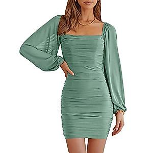 ANRABESS Women Long Sleeve Square Neck Mesh Ruched Bodycon Mini Dress Party Club Cocktail Formal Wedding Guest Short Dresses Light Green Medium