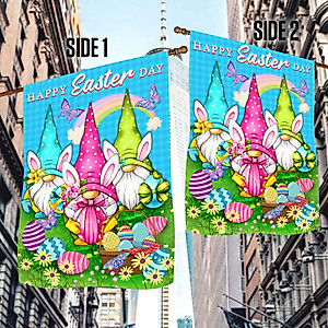 Q-Leo Easter Flag, Set 2 House Flag 28 X 40 And Garden Flag 12 x 18 Double Side, Small Garden Flags Decorations For Outside, Yard Outdoor Decor With 3 Gnones and Happy Easter day Signs