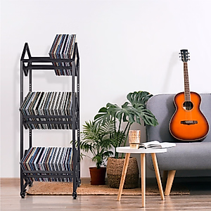 WIMART Record Holder, 2 Tiers Vinyl Record Storage Rack Shelf Holder, Album Display Stand for Home, Office with Sand Black Powder Coated High End Design with Casters Easy to Move, 160-200 LP Storage