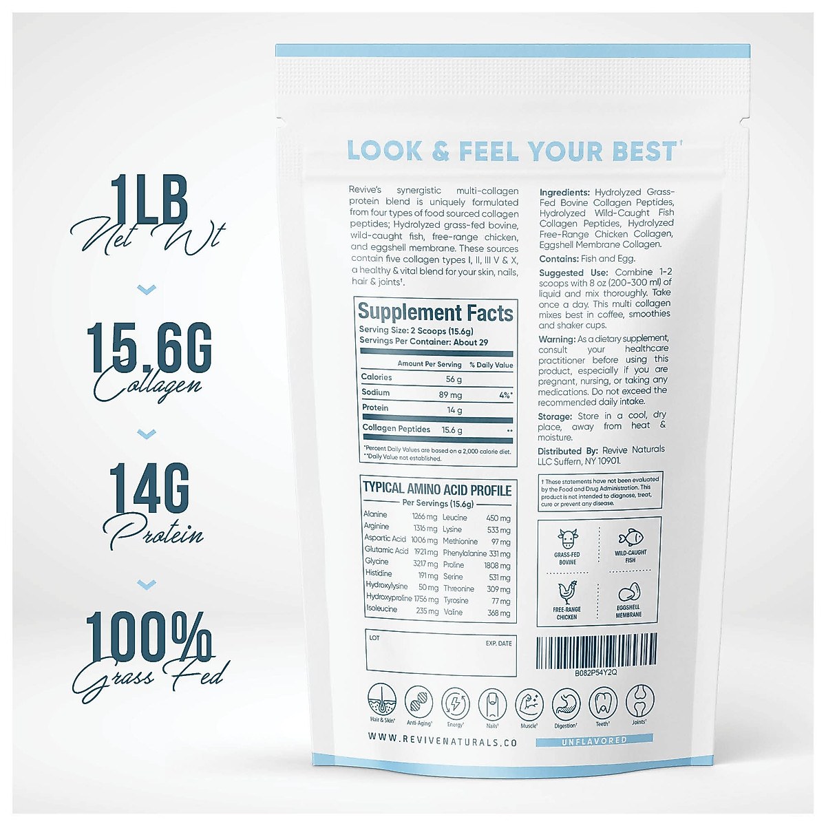 Multi Collagen Hydrolyzed Protein Powder (16oz) - Types I, II, III, V & X - Grass Fed Bovine (Peptan®), Wild Caught Marine, Free Roaming Chicken & Eggshell Collagen Peptides, Non-GMO, GF.