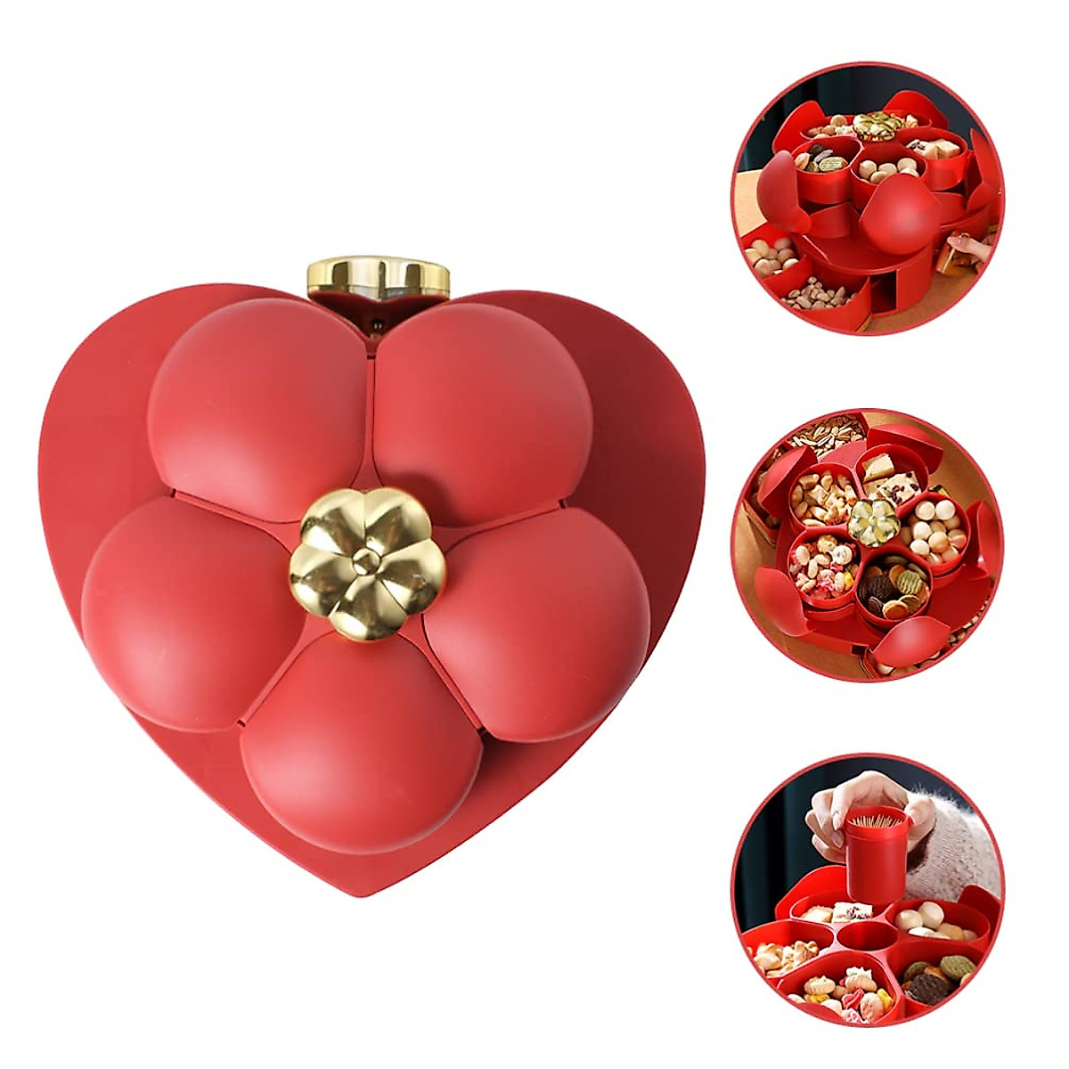 Homoyoyo Rotating Candy Box Heart Shape Snack Storage Tray 10 Compartments Party Serving Platter Candy Nut Dish Dried Fruit Plate Food Storage Organizer for Home Red