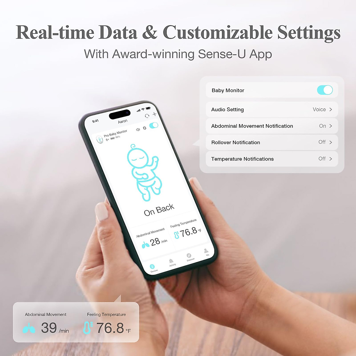 Sense-U Pro Baby Movement Monitor with Arousal Vibration, Movement/Rollover/Overheating Alerts, Audible & App Notifications, Easy Clip-On Design, Smart Sleep Monitor, FSA/HSA Eligible