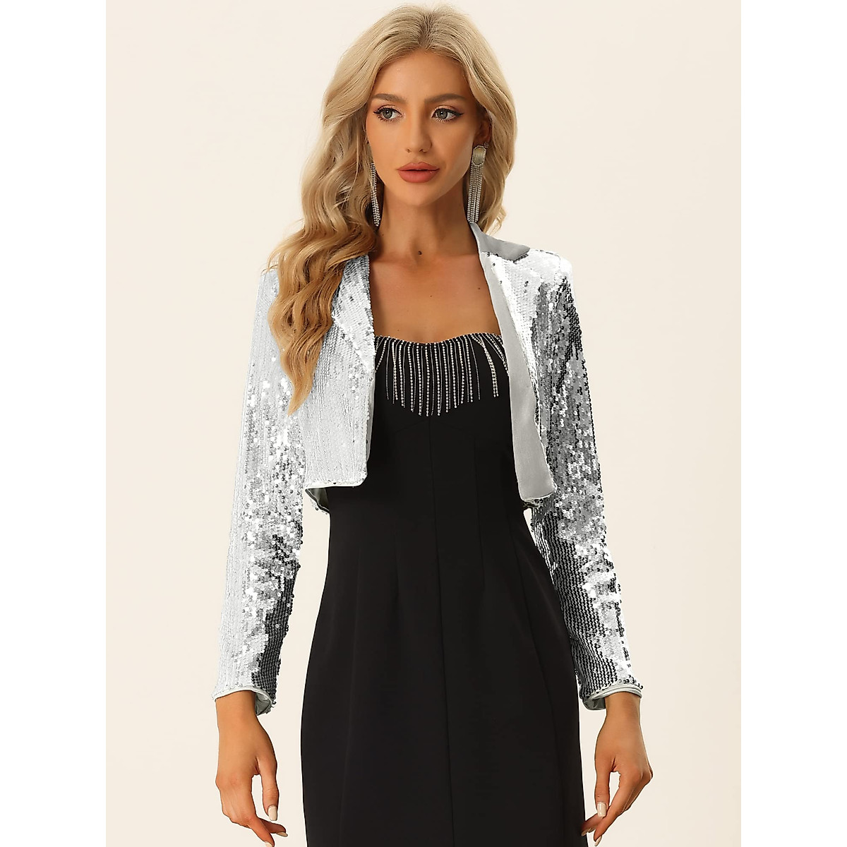 Allegra K Open Front Cardigan for Women's Notched Lapel Cropped Party Club Sparkly Sequin Blazer Large Silver