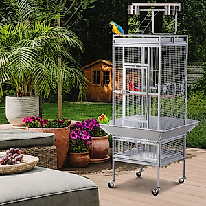 SUPER DEAL PRO 61-inch 2in1 Large Bird Cage with Rolling Stand Playtop Parrot Chinchilla Finch Cage Macaw Conure Cockatiel Cockatoo Pet House Wrought Iron Birdcage, White
