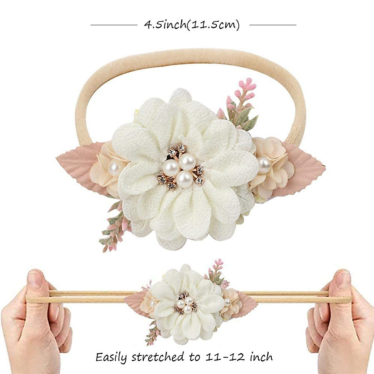 VOBOBE Baby Girl Nylon Headbands Infant Flower Elastic Hair band Bows Wraps For Newborn Toddler Hair Accessories Pack of 3 (A-Beige)