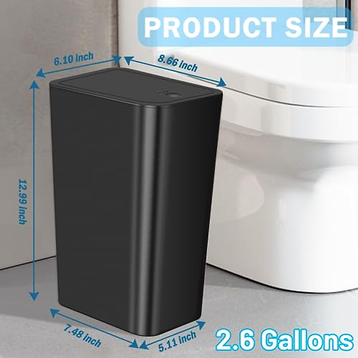 SHPMXUPW 3 Pack Bathroom Small Trash Can with Lid,10L / 2.6 Gallon Slim Garbage Bin Wastebasket with Pop-Up Lid for Bedroom, Office, Kitchen, Craft Room, Fits Under Desk/Cabinet/Sink/Black