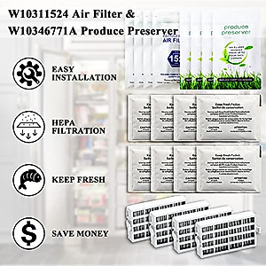 Funmit W10311524 Air Filter (4 Pack) & W10346771A Freshflow Produce Preserver (8 Pack) Replacement for Whirlpool Refrigerator