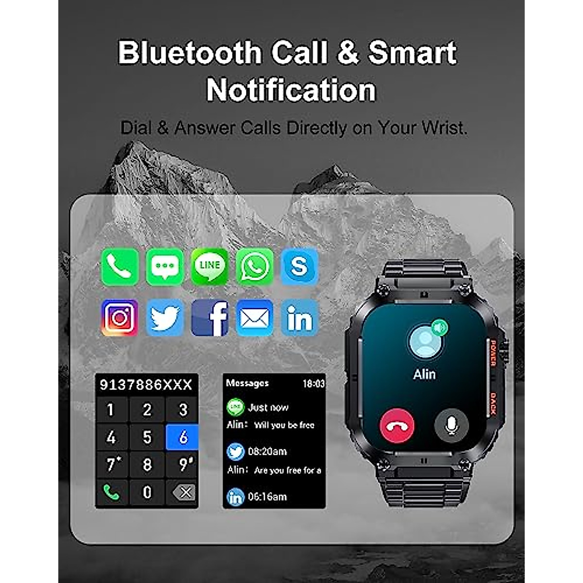 PODOEIL Military Smart Watch for Men with 2 Strap Text and Call Fitness Tracking/Heart Rate/Sleep Monitoring/Waterproof Outdoor Sports Rugged Tactical Watches for Android and iPhone Black
