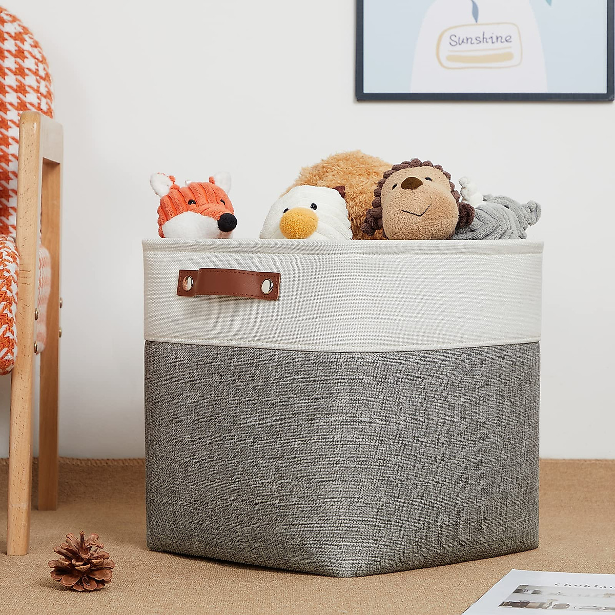 DULLEMELO [Set of 4 Storage Cubes Baskets for Organizing, 12 x 12 x 12 inch Cube Storage Organizer Bins with Leather Handles, Foldable Fabric Cloth Bins for Cube Storage(4 Pack - 12" White&Grey)