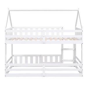 THINK 30 Twin Over Twin House Bunk Bed with Fence and Door, Wood Bedroom Bedframe for Boys, Girls, Home, Apartment, Kids, Guest Room
